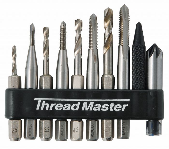 【商品詳細】鉄板・非鉄金属・プラスチックのタップ立てに。喰い込みが良く、電動工具でタップ立てが出来る。用途：鉄板・非鉄金属・樹脂などのタップ立て面取りカッター9mm・センターポンチ付六角軸・電動/手動兼用タップ加工材の厚さと許容回転数：ネジ...