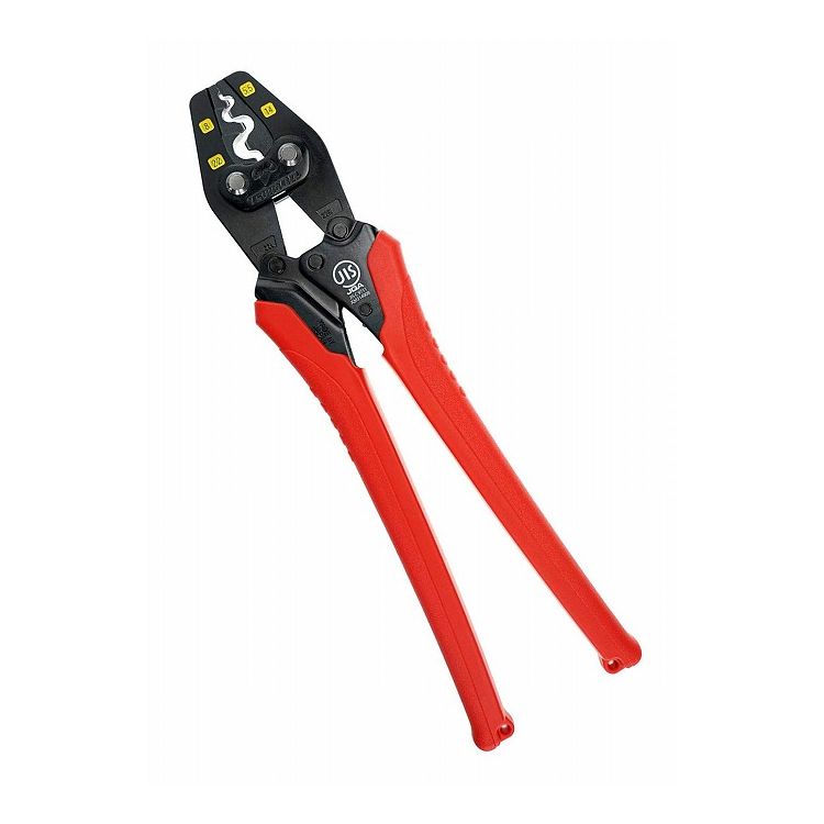 【商品特長】【製品サイズ(mm)】・長さ345・幅92・高さ22【生産国】日本【材質】頭部：機械構造用合金鋼グリップ：エラストマー樹脂【仕様】用途：銅線用裸圧着端子・裸圧着スリーブ(PB)用の装着作業の際に全長：345mm頭部幅：63mm頭...