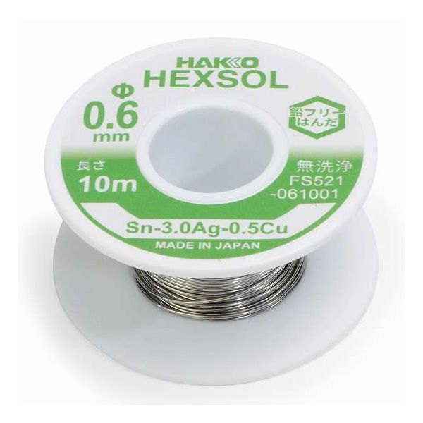 商品説明●スズ、銀、銅●シルバー●用途：電子部品のはんだ付けに●サイズ（約）：φ0.6×10m●重量（約）：17g●組成：スズ96.5%、銀3%、銅0.5%●フラックスの有無：あり（ROL1）●融点：217〜220℃スペック●電子部品のはん...