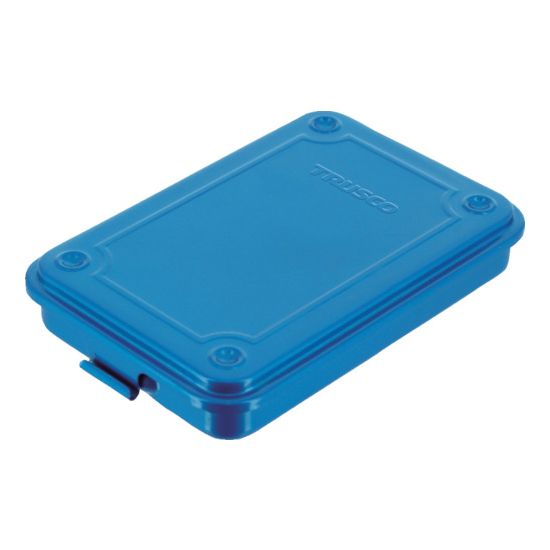 【商品詳細】●ハードな使用に耐える頑丈なプレス一体型です。●片開き構造です。●四隅に横滑り防止用凹凸が付いており積み重ねに便利です。●色：ブルー●フック：なし●外寸(mm)間口×奥行×高さ：154×105×29.0●シリンダ錠(別売)：取付...