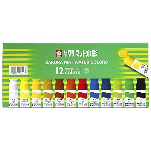 サクラ マット水彩 12MLポリ 12色 MW12PEJANコード：4901881146169男女共用, ふたを開けなくても入組の絵の具に配色が分かりやすいデザイン。水の量を調整することで、不透明・透明調の絵が楽しめる【12色】レモン色・黄...
