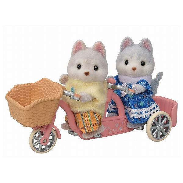 【商品特長】ハスキーの女の子（グレー）と男の子（ブラウン）と2人乗り自転車のセットです。【仕様】【対象年齢】3歳【安全基準】ST【生産国】中国【コピーライト】（C） TOMY【送料について】北海道、沖縄、離島は送料を頂きます。