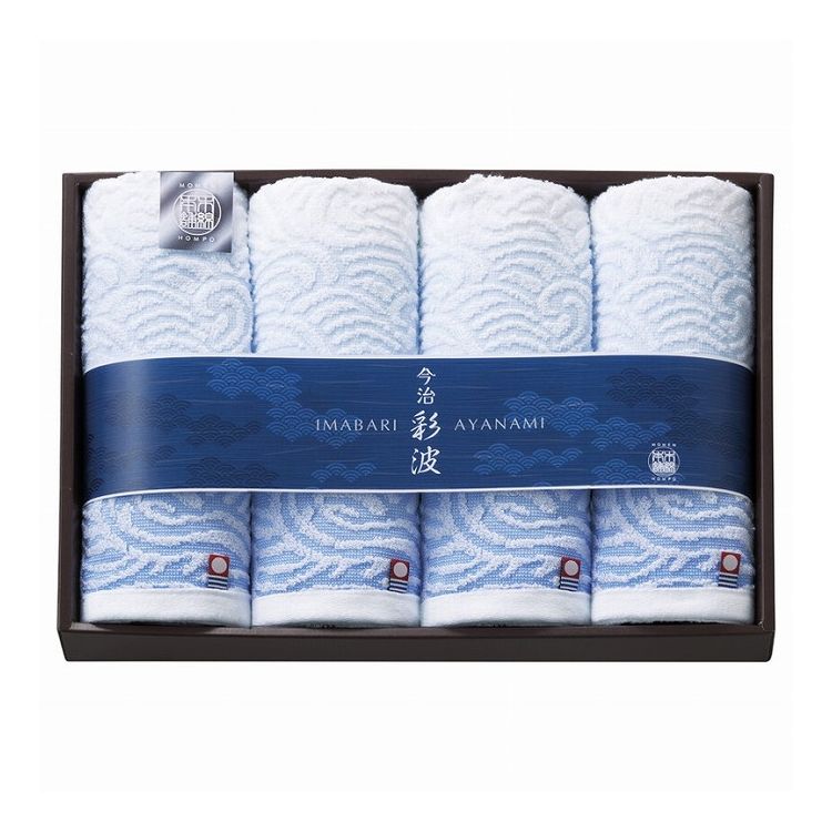 綿100％ 内容:フェイスタオル:32×75cm×4 寄せては返す波のように、永遠への願いを込めて。透き通るような青のグラデーションと白のコントラスト、打ち寄せる白波のように織られた波の模様が印象的。綿の柔らかさを生かしつつ、軽くさっぱりと...