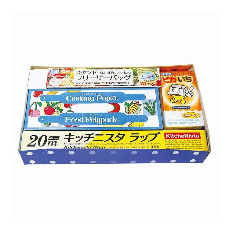 【商品詳細】内容:キッチニスタラップ（30cm×20m）・スタンドフリーザーバッグ（5枚）・クッキングペアーセット（キッチンペーパー・ポリ袋各10枚）・ピカいち（メラミンスポンジ）×各1原産国:日本【代引きについて】こちらの商品は、代引きで...