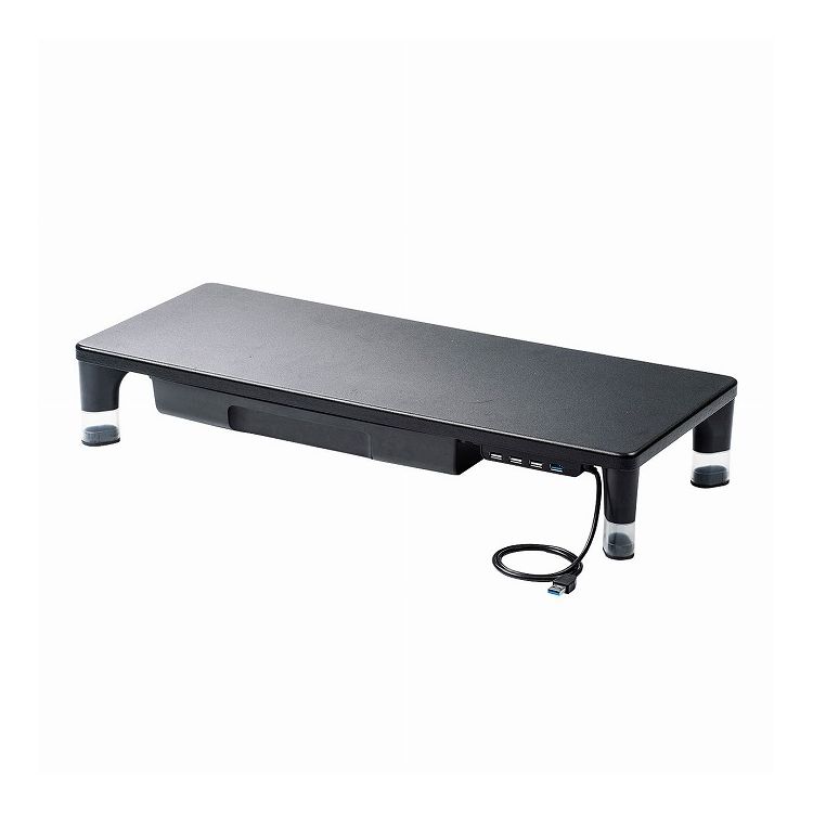 【商品特長】USBハブの付いた机上の空間を有効活用できる机上ラック。引き出し付き。W590mm・ブラック。●液晶モニターの位置を上げることで、目線の位置を上げ液晶モニターを見やすくすることができます。●モニター下にスペースを作ることで机上の...