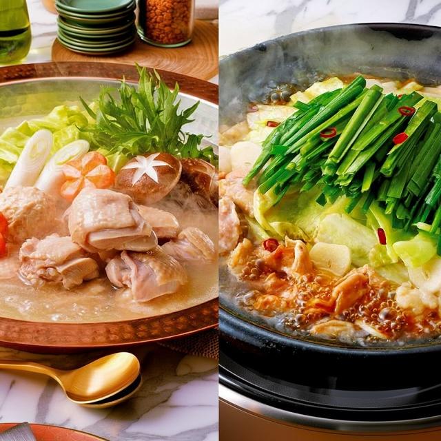 ●セット内容／水たき:水たき生スープ（600g）×2、華味鳥切り身（300g）・華つくね（200g）・ちゃんぽん麺（150g）・博多ぽん酢（220ml）・柚胡椒（30g）×各1、もつ鍋:もつ鍋スープ（600g）×2、牛小腸（200g）・鶏は...