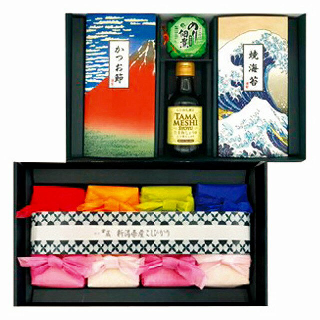 ●セット内容／新潟県産コシヒカリ（300g）×7、鰹節（3g）×4、焼海苔（全型5枚）・のり佃煮（80g）・たま飯醤油（150ml）・笹川流れの塩（20g）×各1●箱サイズ／21.5×35×16.5cm●賞味期間／常温9ヶ月●アレルゲン／小...