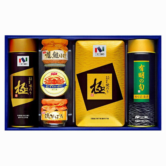 ●セット内容／のり茶漬け缶（6.4g×8袋）・味のり丸缶10袋詰（8切5枚）・焼のり半裁缶2袋詰（2切7枚）・紅ずわいがにほぐし身（55g）・焼鮭ほぐし瓶・鶏そぼろ瓶（各50g）×各1●箱サイズ／25×41×8.2cm●賞味期間／常温2年●...