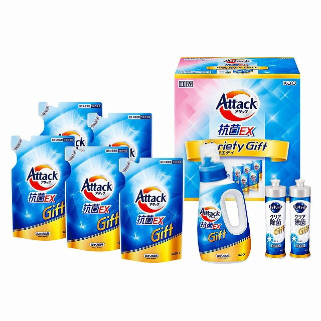 ●セット内容／アタック抗菌EX詰替用（590g）×5、キュキュットクリア除菌（220ml）×2、アタック抗菌EX（750g）×1●箱サイズ／18.1×28.1×28.4cm●重量／4.7kg