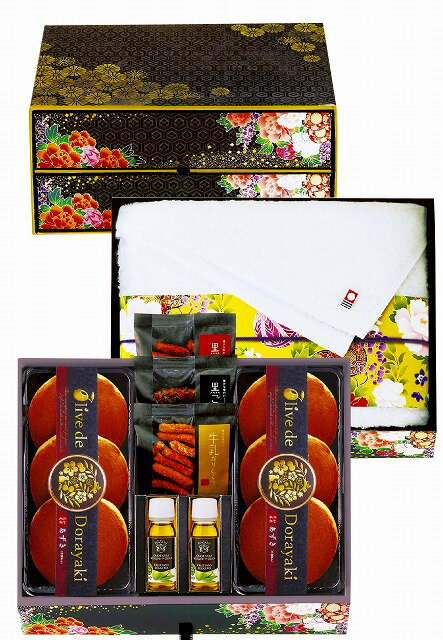 ●材質／●セット内容／どら焼き（あずき）×6・かりんとう（黒糖・黒胡麻・牛乳）各15g・オリーブオイル18g×2・フェイスタオル340×750mm 【卵・乳成分・小麦】●箱サイズ／箱240×325×150mm●賞味期間／60日間●原産国／J...