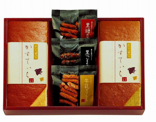 ●材質／●セット内容／和三盆糖入かすてぃら（プレーン・抹茶）各1本・かりんとう（黒糖・黒胡麻・牛乳）各15g 【卵・乳成分・小麦】●箱サイズ／箱213×306×57mm●賞味期間／60日間●原産国／JPN●重量／850g昔ながらの製法で、し...