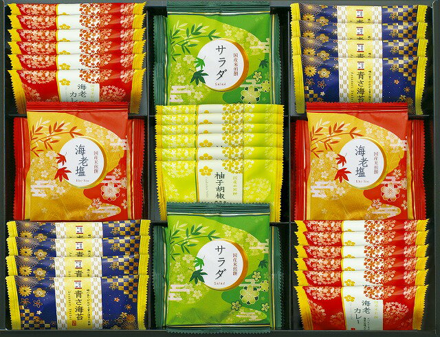 ●材質／●セット内容／煎餅（海老カレー×12・青さ海苔×8・海老塩×6・サラダ×6・柚子胡椒×6） 【乳成分・えび】●箱サイズ／箱320×427×65mm●賞味期間／180日間●原産国／JPN●重量／850g香り高い焼きのりを巻いたのり巻き...