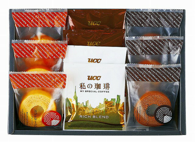 ●材質／●セット内容／バウムクーヘン（プレーン・ショコラ）各3・UCC ドリップカフェ（リッチブレンド・マイルドブレンド）7g×各2 【卵・乳成分・小麦】●箱サイズ／箱205×280×55mm●賞味期間／210日間●原産国／JPNコーヒーの...