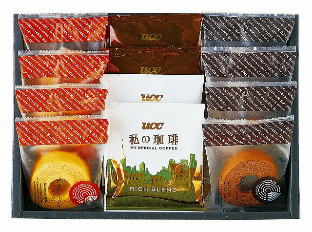 ●材質／●セット内容／バウムクーヘン（プレーン・ショコラ）各4・UCC ドリップカフェ（リッチブレンド・マイルドブレンド）7g×各2 【卵・乳成分・小麦】●箱サイズ／箱205×280×55mm●賞味期間／210日間●原産国／JPNコーヒーの...