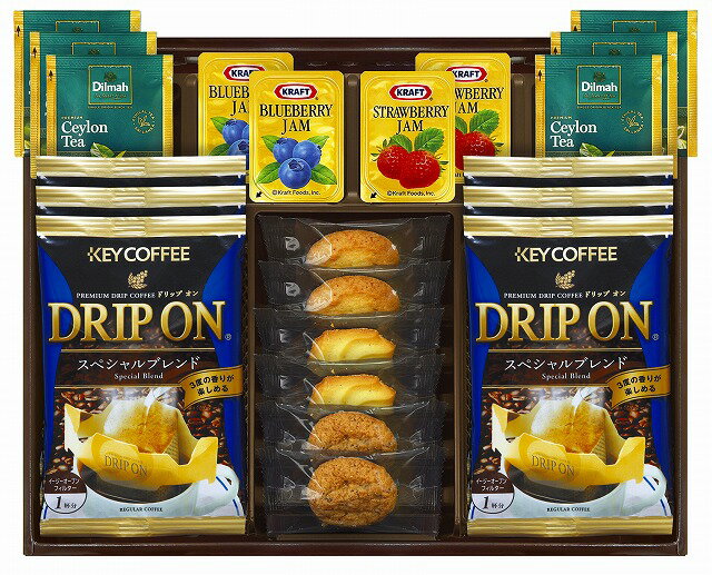 ●セット内容／キーコーヒードリップオン8g×6・プチクッキー（リング・ペカン・カシュー）各2・ディルマ セイロンティー2g×6・ジャム（ストロベリー・ブルーベリー）14g×各2 【卵・乳成分・小麦】●箱サイズ／箱240×300×50mm●賞...
