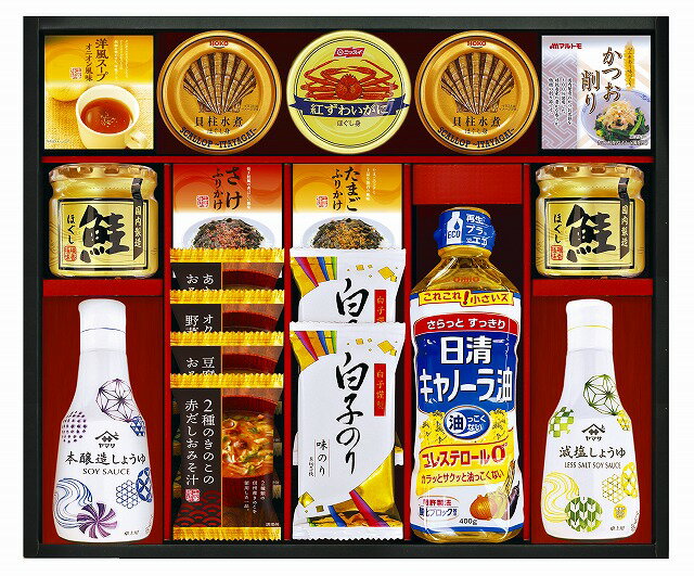 ●セット内容／ヤマサ（鮮度しょうゆ・鮮度減塩しょうゆ）各200ml・日清キャノーラ油400g・おみそ汁（とうふと油揚げ・2種のきのこの赤だし・あおさとわかめ）・オクラ入ねばねば野菜スープ・丸美屋ふりかけ（たまご・さけ）2.5g×各3・丸美屋...