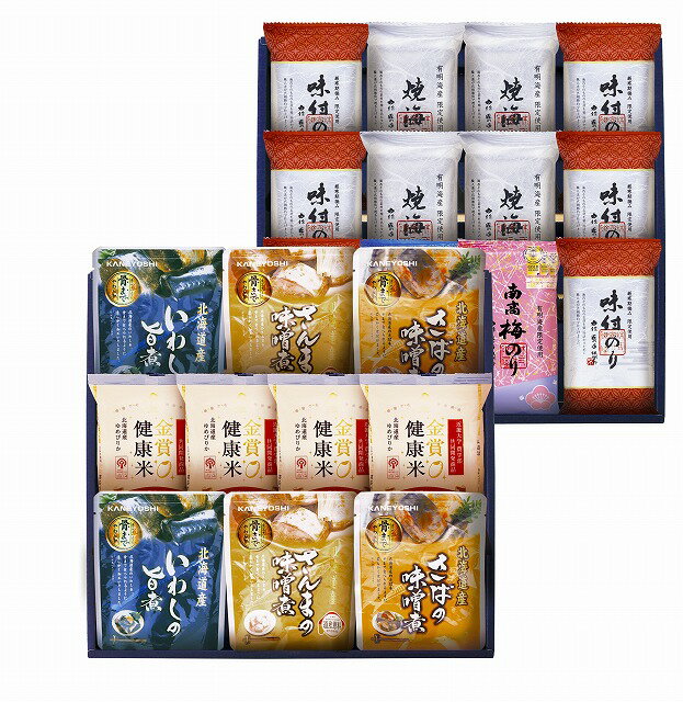 ●セット内容／金賞 南高梅のり（8切6枚）・銀賞 有明海産塩のり（8切6枚）・味付のり（8切6枚）×6・焼のり（8切6枚）×4・金賞健康米150g×4・（さんまの味噌煮・さばの味噌煮・いわしの旨煮）各2 【卵・小麦・えび】●箱サイズ／箱33...