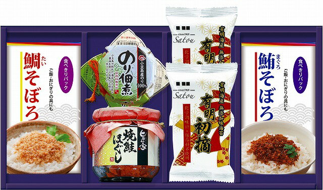 ●セット内容／焼鮭ほぐし60g・のり佃煮80g・（鯛そぼろ・鮪そぼろ）7g×各2袋・有明産初摘み味のり（8切4枚）×2 【小麦・えび・かに】●箱サイズ／箱150×300×80mm●賞味期間／360日間●原産国／JPN●重量／710g