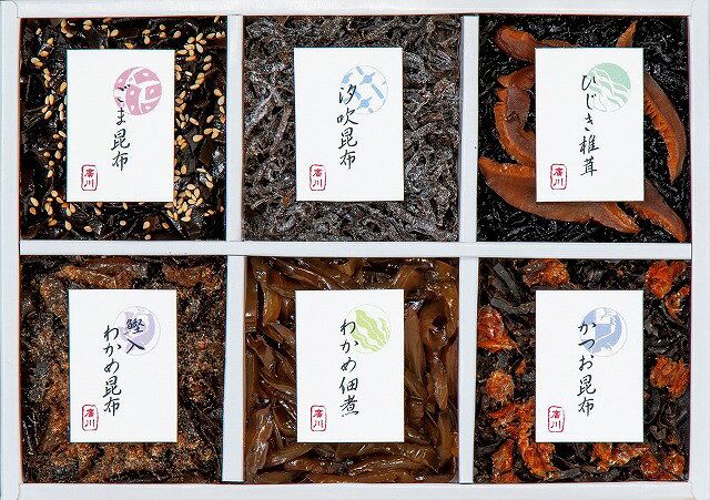 ●セット内容／ごま昆布45g・汐吹昆布20g・かつお昆布20g・ひじき椎茸45g・わかめ佃煮45g・鰹入わかめ昆布50g 【小麦】●箱サイズ／箱170×240×28mm●賞味期間／300日間●原産国／JPN●重量／335g明治35年より伝え...