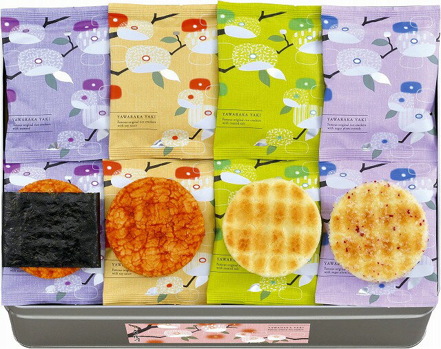 ●セット内容／やわらか焼（直火炊き醤油×12・梅ざらめ×8・やき塩×12・のり巻×8） 【小麦】●箱サイズ／缶247×356×94mm●賞味期間／120日間●原産国／JPN●重量／1400g