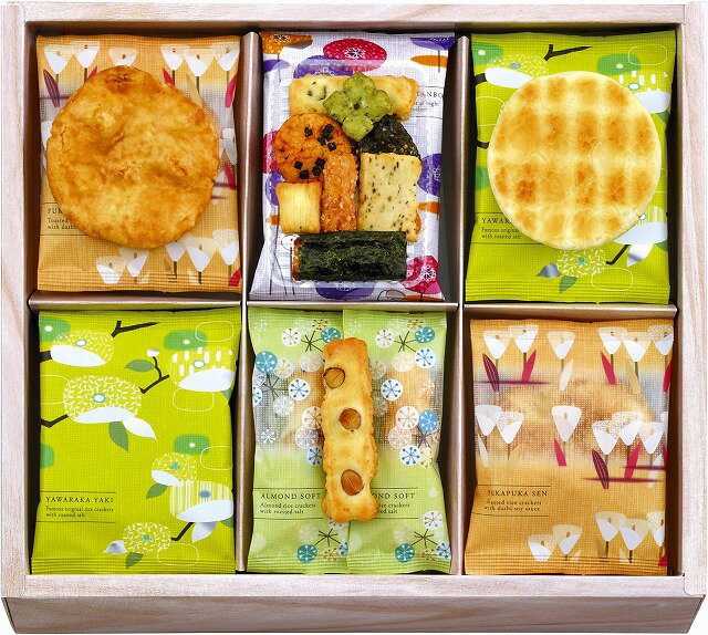 ●セット内容／ぷかぷか煎だし醤油×8、やわらか焼やき塩×6、ぐるめ探訪×3、アーモンドそふとやき塩×6 【乳成分・小麦】●箱サイズ／箱275×330×57mm●賞味期間／120日間●原産国／JPN●重量／570g