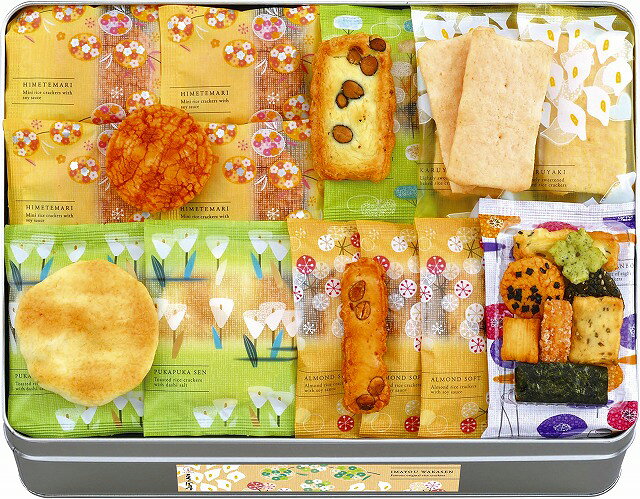 ●セット内容／ぷかぷか煎だし塩×9、姫てまり直火炊き醤油×13、兆福餅やき塩×7、ぐるめ探訪×4、アーモンドそふと直火炊き醤油×8、かるやき（2枚）×6 【乳成分・小麦】●箱サイズ／缶247×356×83mm●賞味期間／120日間●原産国／...