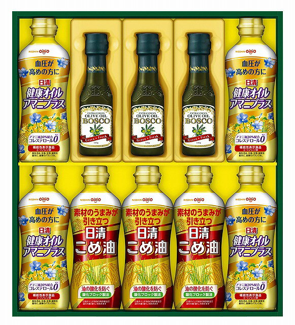 ●セット内容／（健康オイルアマニプラス×4・こめ油×3）各350g、ボスコエキストラバージンオリーブオイル140g×3●箱サイズ／箱425×379×65mm●賞味期間／750日間●原産国／JPN●重量／4000g
