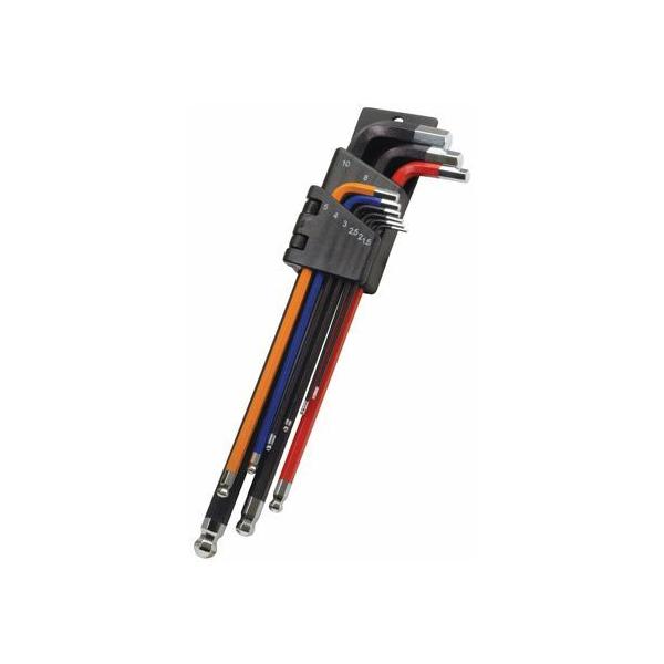 使用頻度の高い4mm、5mm、6mmを色分けした、ロングサイズ9本組アレンキーセット。■商品説明 使用頻度の高い4mm、5mm、6mmを色分けした、ロングサイズ9本組アレンキーセット。 ・クロムバナジウム ・1.5、2、2.5、3、4、5、...
