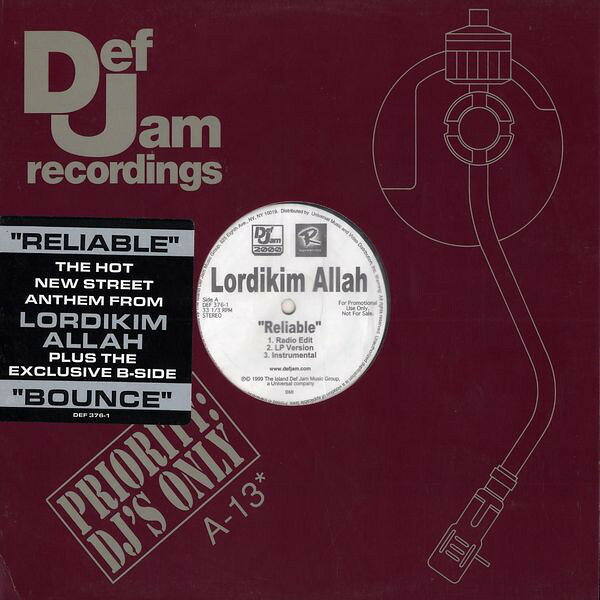 ・アーティスト Lordikim Allah ・タイトル Reliable ・レーベル・型番 Def Jam Recordings DEF3761PROMO ・フォーマット 12" ・コンディション(盤) 良い (VG+) ・コンディション...