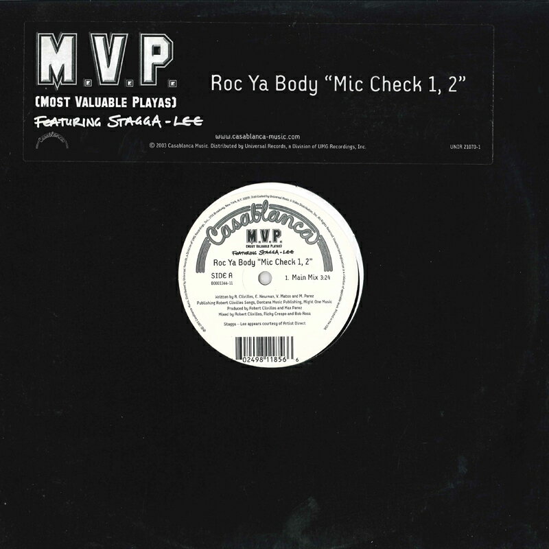 ・アーティスト M. V. P. ・タイトル Roc Ya Body "mic Check 1, 2" ・レーベル・型番 CASABLANCA UNIR210701 ・フォーマット 12" ・コンディション(盤) 可 (VG) ・コンディシ...