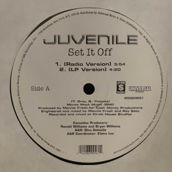 ・アーティスト Juvenile ・タイトル Set It Off ・レーベル・型番 Cash Money Records, Universal Records 4228609561 ・フォーマット 12" ・コンディション(盤) 良い (...