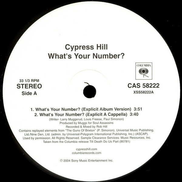 ・アーティスト Cypress Hill ・タイトル What's Your Number? ・レーベル・型番 Columbia CAS58222 ・フォーマット 12" ・コンディション(盤) 良い (VG+) ・コンディション(ジャケッ...