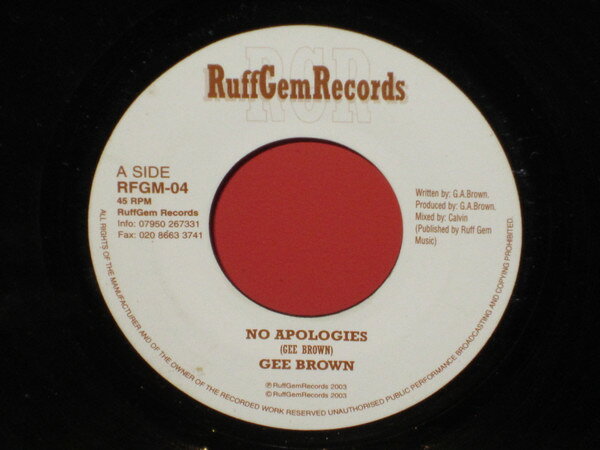 ・アーティスト Gee Brown ・タイトル No Apologies ・レーベル・型番 RuffGem Records RFGM04 ・フォーマット 7インチレコード ・コンディション(盤) 良い (VG+) ・コンディション(ジャケッ...