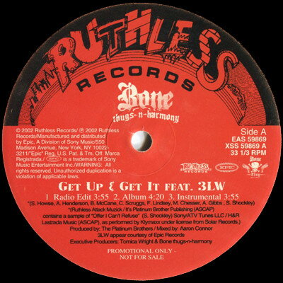 ・アーティスト Bone Thugs-N-Harmony ・タイトル Get Up & Get It / Bone, Bone, Bone ・レーベル・型番 Ruthless Records EAS59869PROMO ・フォーマット 12...