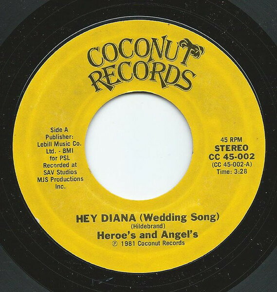 ・アーティスト Heroes & Angels ・タイトル Hey Diana (Wedding Song) ・レーベル・型番 Coconut Records CC45002 ・フォーマット 7" ・コンディション(盤) 良い (VG+) ...