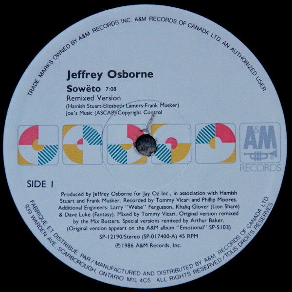 ・アーティスト Jeffrey Osborne ・タイトル Soweto (Remixed Version) ・レーベル・型番 A&M SP12190 ・フォーマット 12インチレコード ・コンディション(盤) 良い (VG+) ・コンディ...