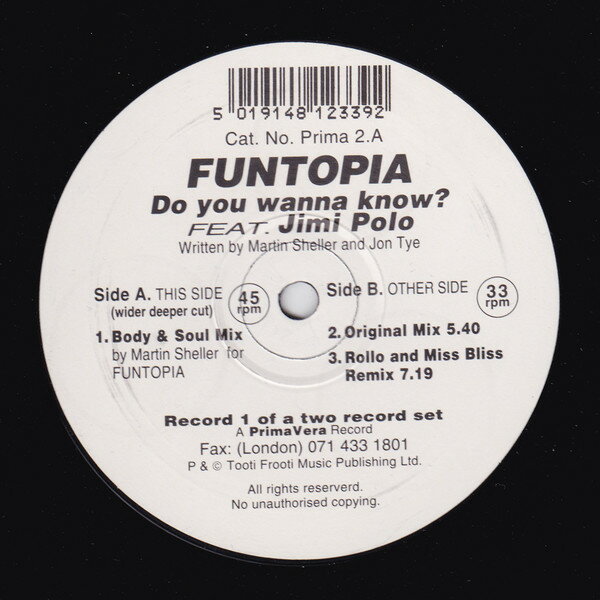 ・アーティスト Funtopia, Jimi Polo ・タイトル Do You Wanna Know? ・レーベル・型番 PrimaVera PRIMA2 ・フォーマット 12インチレコード ・コンディション(盤) 良い (VG+) ・コ...