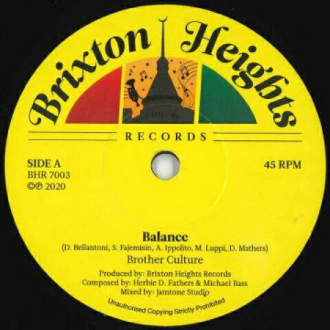 ・アーティスト Brother Culture ・タイトル Balance / Use It With Caution Dub ・レーベル・型番 Brixton Heights BHR7003 ・フォーマット 7" ・コンディション(盤) ...
