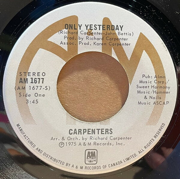 ・アーティスト Carpenters ・タイトル Only Yesterday ・レーベル・型番 A&M AM1677 ・フォーマット 7インチレコード ・コンディション(盤) 良い (VG+) ・コンディション(ジャケット) プレインカバ...