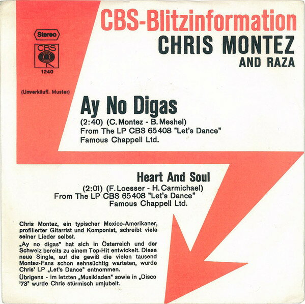・アーティスト Chris Montez & Raza ・タイトル Ay No Digas ・レーベル・型番 CBS CBSS1240 ・フォーマット 7インチレコード ・コンディション(盤) 良い (VG+) ・コンディション(ジャケット...