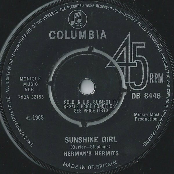 ・アーティスト Herman's Hermits ・タイトル Sunshine Girl ・レーベル・型番 Columbia DB8446 ・フォーマット 7インチレコード ・コンディション(盤) 良い (VG+) ・コンディション(ジャケ...