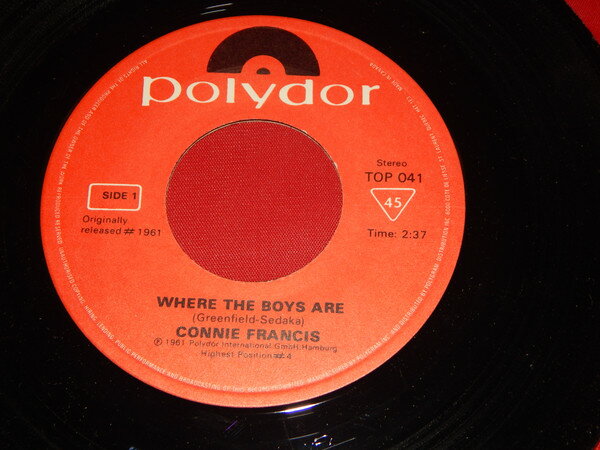 ・アーティスト Connie Francis ・タイトル Where The Boys Are ・レーベル・型番 Polydor TOP041 ・フォーマット 7インチレコード ・コンディション(盤) 非常に良い(EX) ・コンディション(...