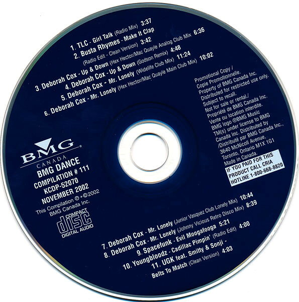 ・アーティスト Various ・タイトル Bmg Dance Compilation # 111 ・レーベル・型番 BMG Music KCDP52070PROMO ・フォーマット CD ・コンディション(盤) 非常に良い(EX) ・コン...