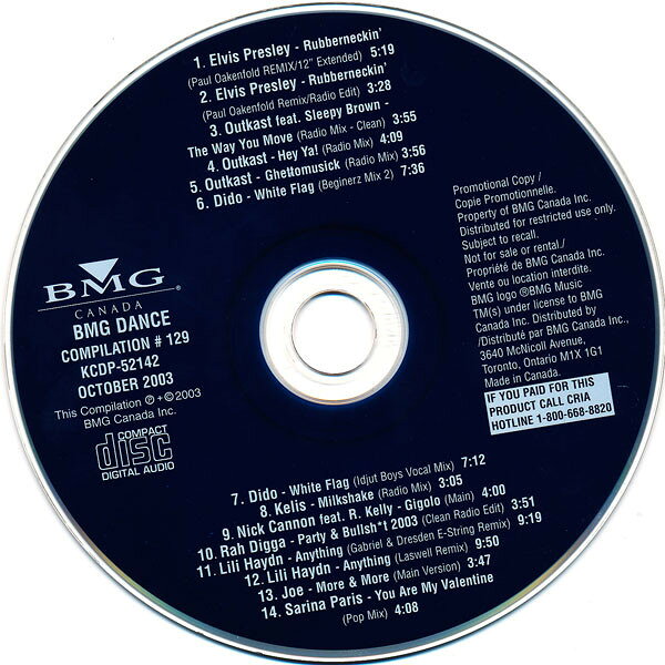 ・アーティスト Various ・タイトル Bmg Dance Compilation # 129 ・レーベル・型番 BMG Music Canada KCDP52142PROMO ・フォーマット CD ・コンディション(盤) 可 (VG)...