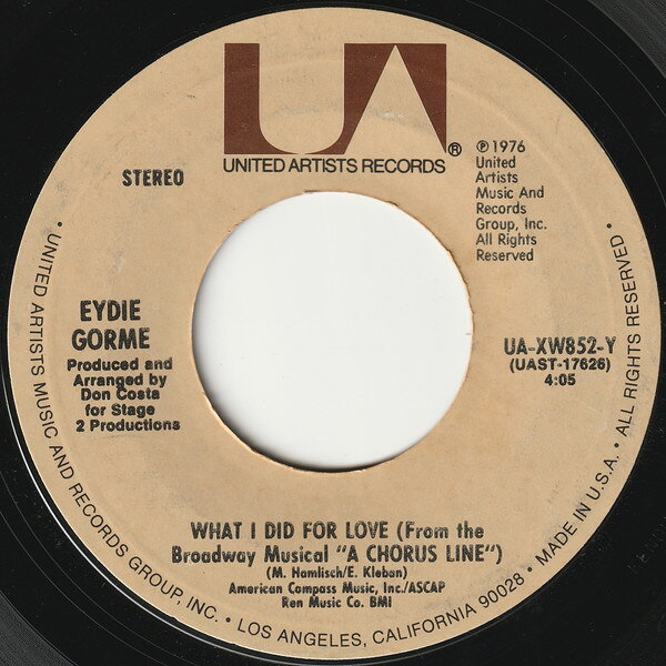 ・アーティスト Eydie Gorme ・タイトル What I Did For Love / Can It Ever Be The Same ・レーベル・型番 UNITED ARTISTS UAXW852Y ・フォーマット 7インチレコー...