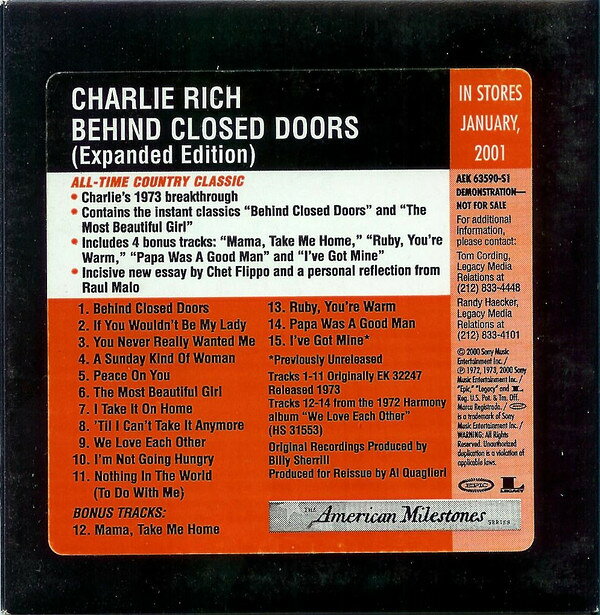 ・アーティスト Charlie Rich ・タイトル Behind Closed Doors ・レーベル・型番 Epic AEK63590S1 ・フォーマット CD ・コンディション(盤) 良い (VG+) ・コンディション(ジャケット) ...