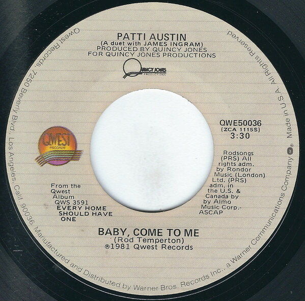 ・アーティスト Patti Austin ・タイトル Baby, Come To Me / Solero ・レーベル・型番 Qwest Records QWE50036 ・フォーマット 7インチレコード ・コンディション(盤) 良い (VG...