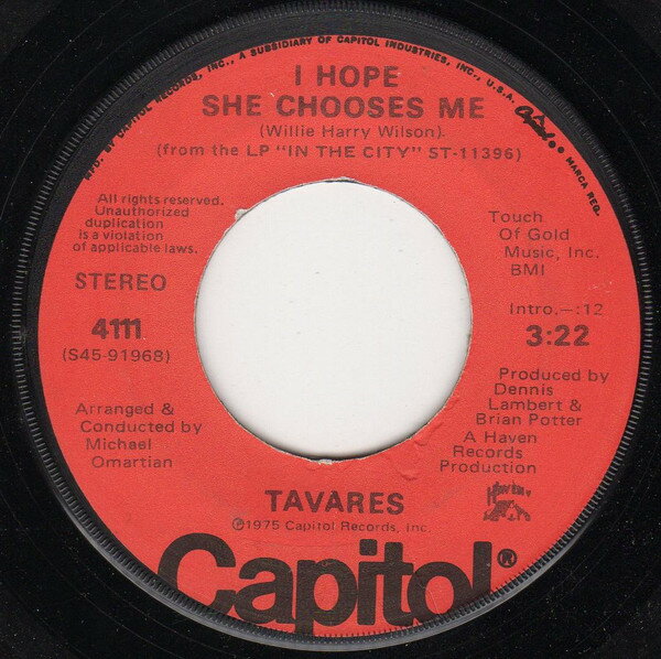 ・アーティスト Tavares ・タイトル It Only Takes A Minute ・レーベル・型番 Capitol Records 4111 ・フォーマット 7インチレコード ・コンディション(盤) 可 (VG) ・コンディション(...