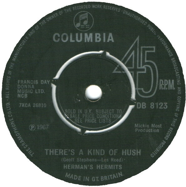 ・アーティスト Herman's Hermits ・タイトル There's A Kind Of Hush ・レーベル・型番 Columbia DB8123 ・フォーマット 7インチレコード ・コンディション(盤) 良い (VG+) ・コン...