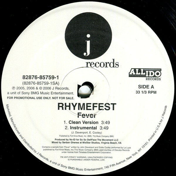 ・アーティスト Rhymefest ・タイトル Fever ・レーベル・型番 J Records, Allido Records 82876857691 ・フォーマット 12インチレコード ・コンディション(盤) 良い (VG+) ・コンデ...